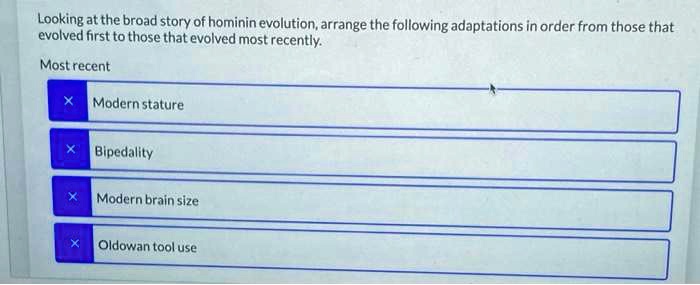 SOLVED: Looking at the broad story of hominin evolution, arrange the following adaptations in ...