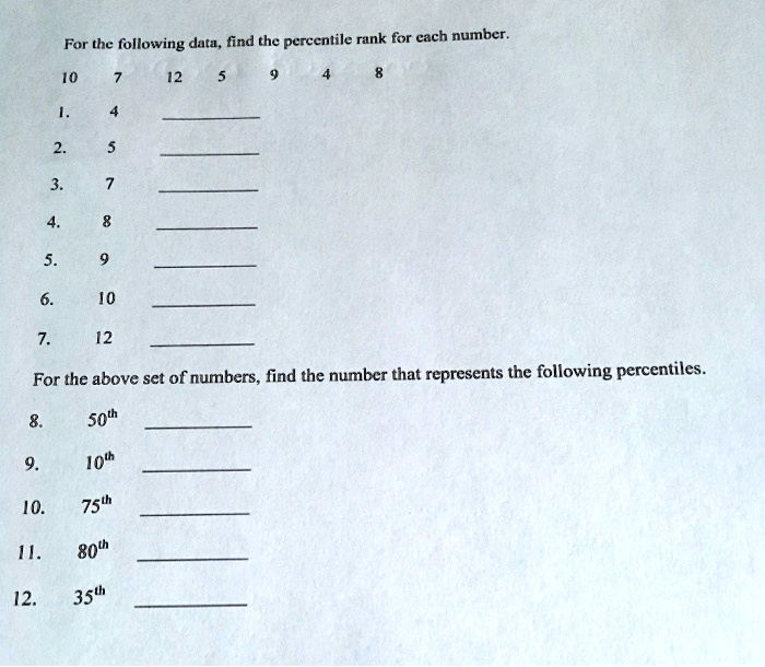 SOLVED: For the following data, find the percentile rank for each ...