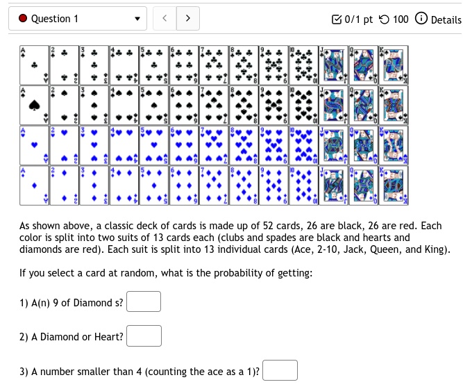 SOLVED: Question C01 pt ' 100 Details As shown above classic deck of ...