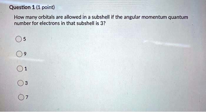 SOLVED: Question 1 (1 point) How many orbitals are allowed in a subshell if the angular momentum ...