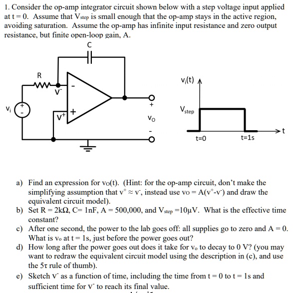 SOLVED: Consider the op-amp integrator circuit shown below with a step ...