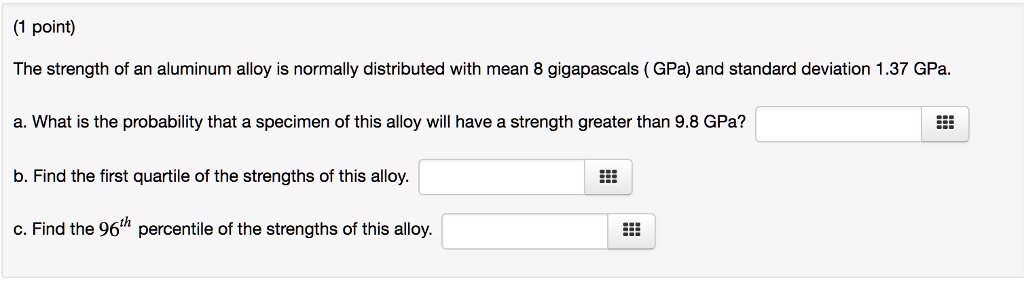 (1 point) The strength of an aluminum alloy is normally distributed ...