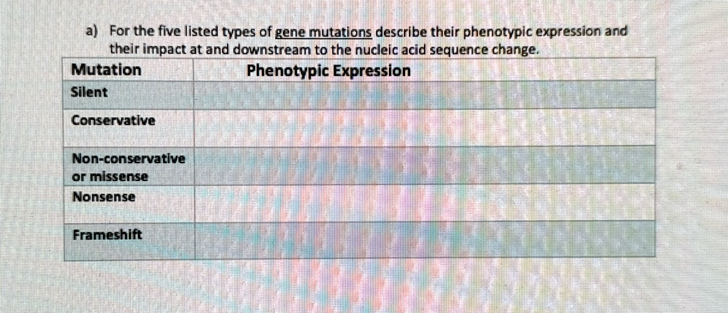 a for the five listed types of gene mutations describe their phenotypic ...