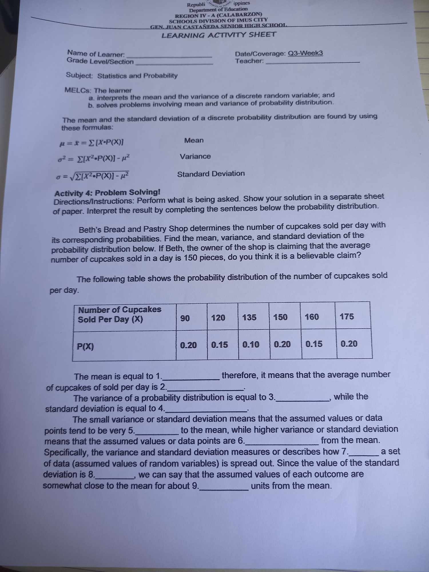 GEN. JUAN CASTANVEDA SENIOR HIGH SCHOOL. LEARNING ACTIVITY SHEET Name ...
