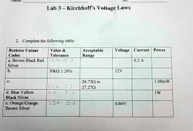 SOLVED: Lab 3 - Kirchhoff's Voltage Laws 2. Complete the following ...