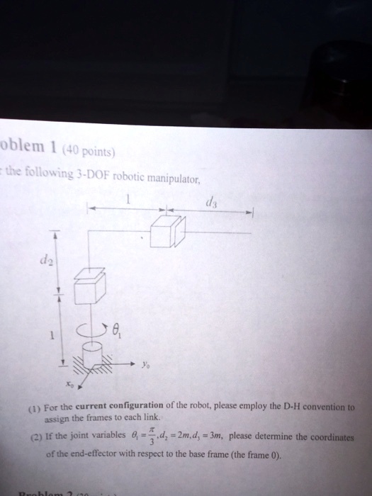 oblem 1 (40 points) r the following 3-DOF robotic manipulator, 1 d2 + ?1 1 X0 yo d3 (1) For the ...