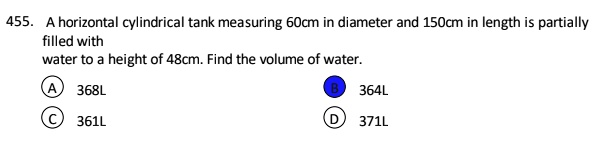 455. A horizontal cylindrical tank measuring 60cm in diameter and 150cm ...