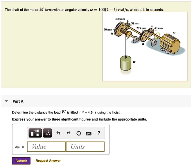 SOLVED: The shaft of the motor M turns with an angular velocity w=1004 ...