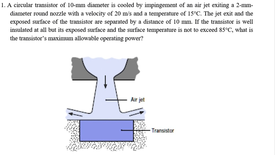SOLVED: A circular transistor of 10-mm diameter is cooled by impingement of an air jet exiting a ...