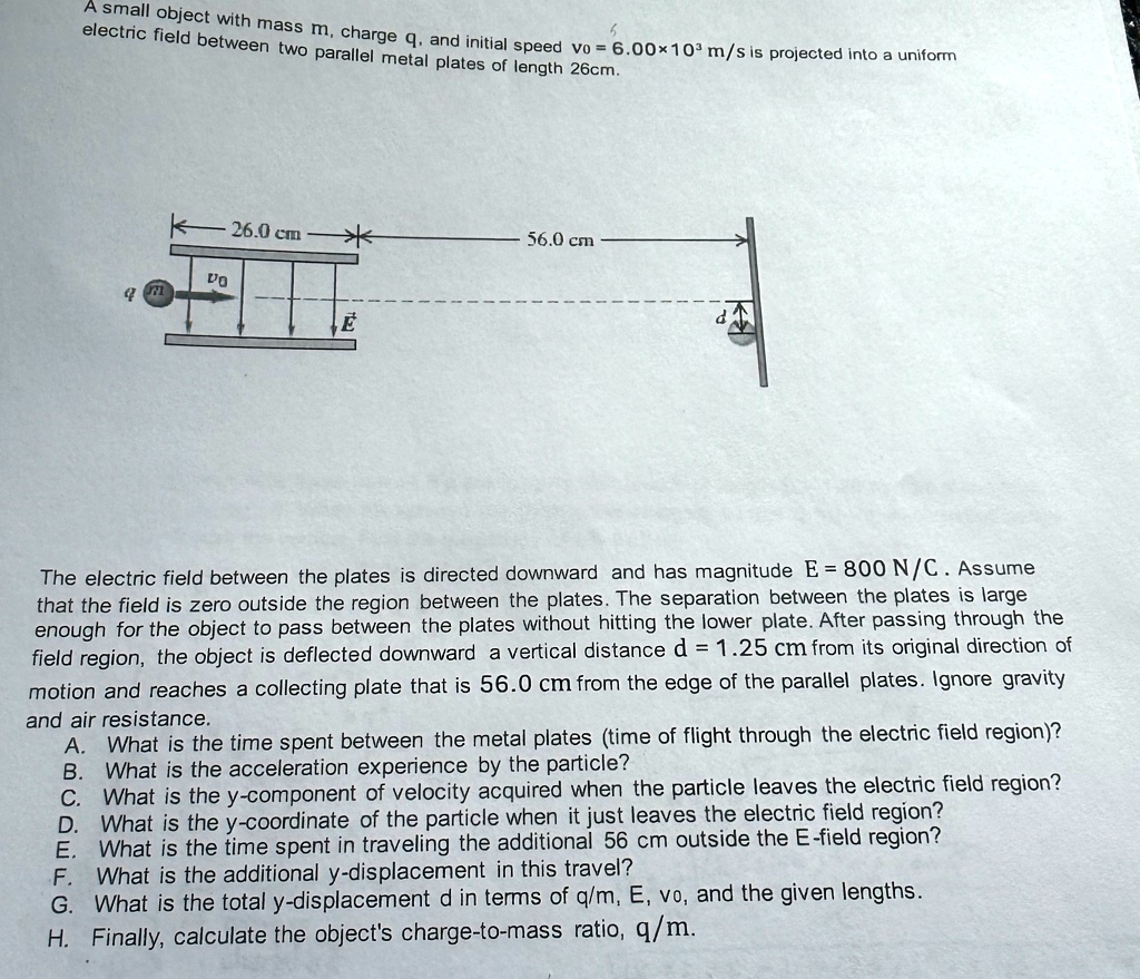 a small object with mass m charge q and initial speed v0 600 times 103 ms is projected into a ...