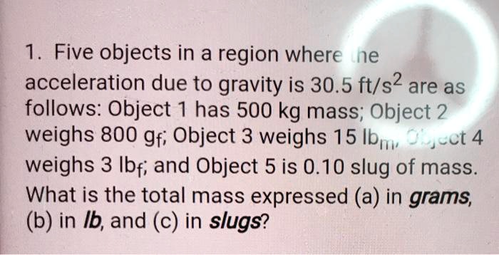 1. Five objects in a region where the acceleration due to gravity is 30 ...