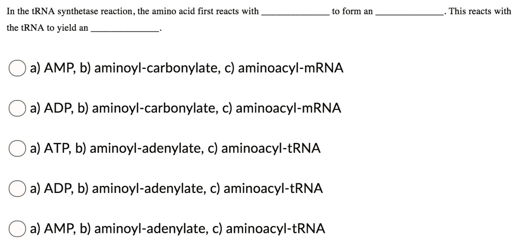 SOLVED: In the tRNA synthetase reaction, the amino acid first reacts ...