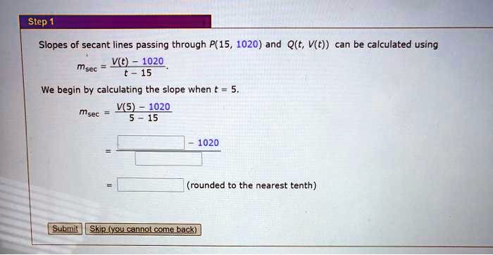 Step 1 Slopes of secant lines passing through P(15, 1020) and Q(t, V(t ...