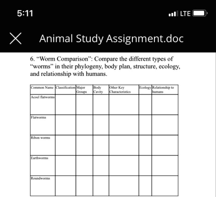 5:11 LTE X Animal Study Assignment.doc 6. "Worm Comparison": Compare ...