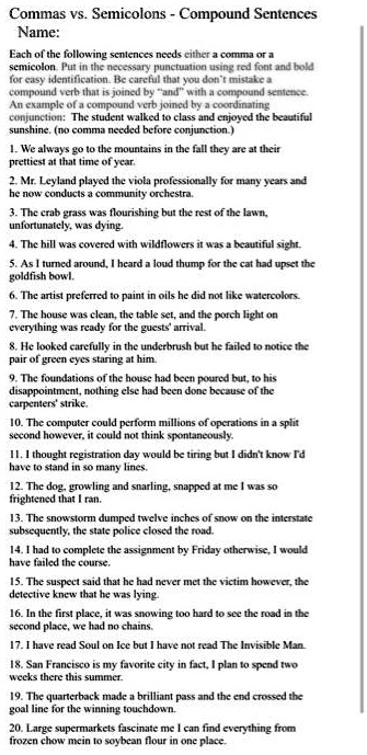Commas vs. Semicolons - Compound Sentences Name: Each of the following ...