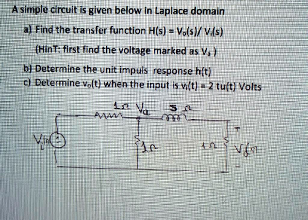 A simple circuit is given below in Laplace domain a) Find the transfer function H(s) = (Vo(s ...