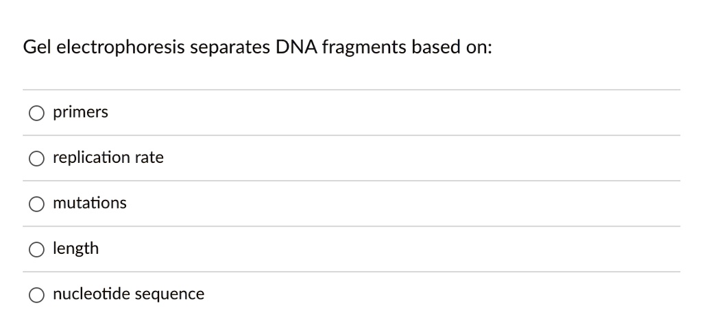 SOLVED: Gel electrophoresis separates DNA fragments based on: primers ...