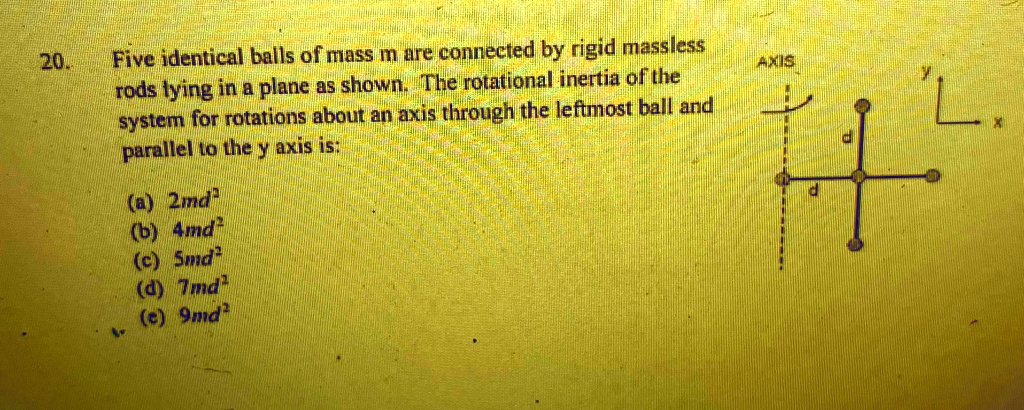 20. Five identical balls of mass m are connected by rigid massless rods ...