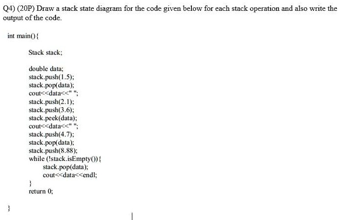 SOLVED: Text: Draw a stack state diagram for the code given below for each stack operation and ...