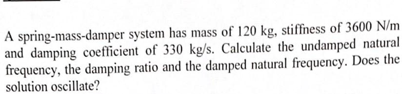 SOLVED: A spring-mass-damper system has mass of 120 kg, stiffness of ...