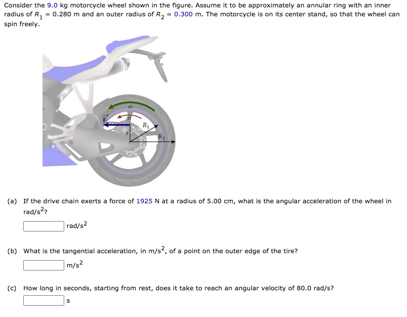SOLVED: Consider the 9.0 kg motorcycle wheel shown in the figure Assume ...