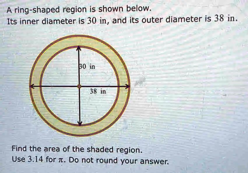 A ring-shaped region is shown below: Its inner diameter is 30 in, ad ...