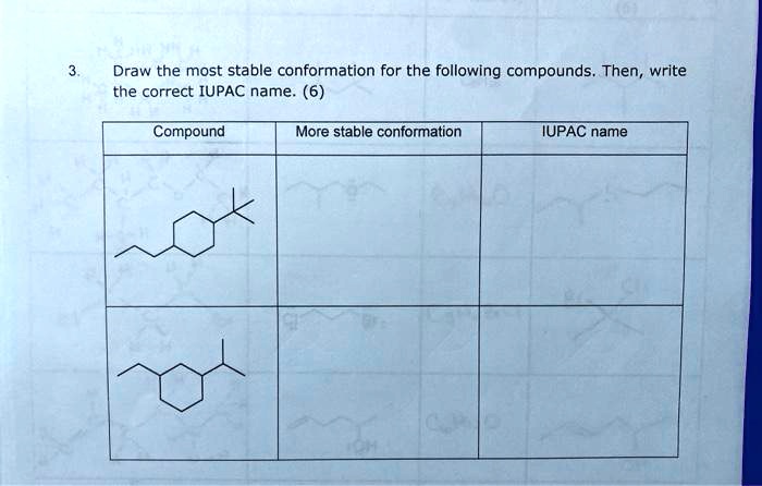 SOLVED: Draw the most stable conformation for the following compounds. Then, write the correct ...