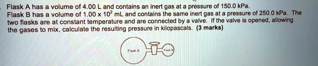 SOLVED: Flask A has a volume of 4.00 L and contains an inert gas at a pressure of 150.0 kPa ...