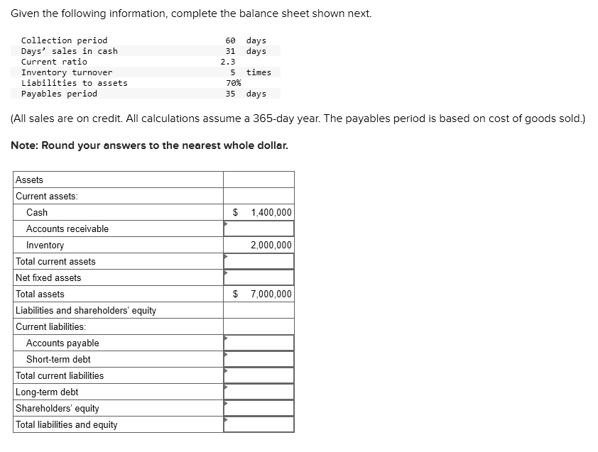 SOLVED: Texts: Given the following information, complete the balance sheet shown next ...