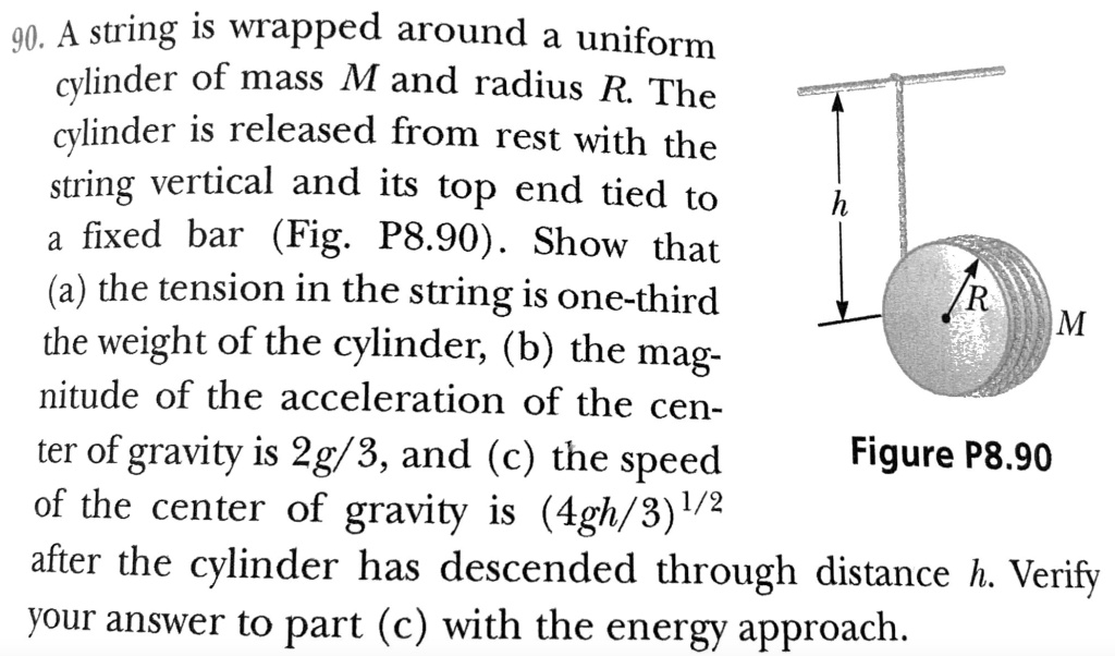 SOLVED: 90. A string is wrapped around a uniform cylinder of mass M and radius R. The cylinder ...
