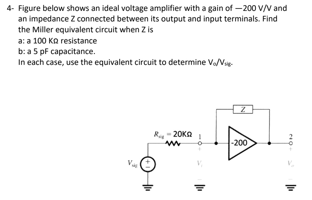 SOLVED: 4- Figure below shows an ideal voltage amplifier with a gain of -200(V)/(V) and an ...