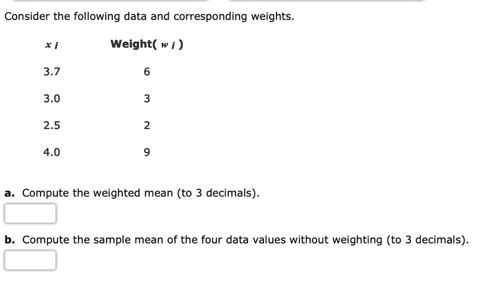 SOLVED: Consider the following data and corresponding weights: X ...