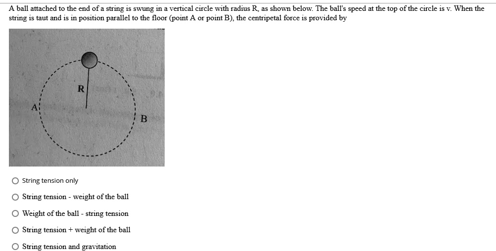 A ball attached to the end of a string is swung in a vertical circle ...