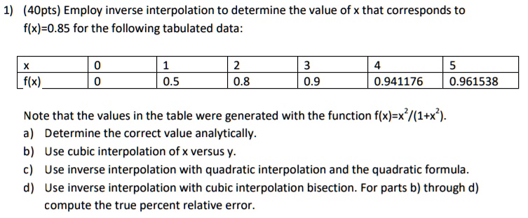 SOLVED: (4Opts) Employ inverse interpolation to determine the value of ... SOLVED: (4Opts) Employ inverse interpolation to determine the value of ...