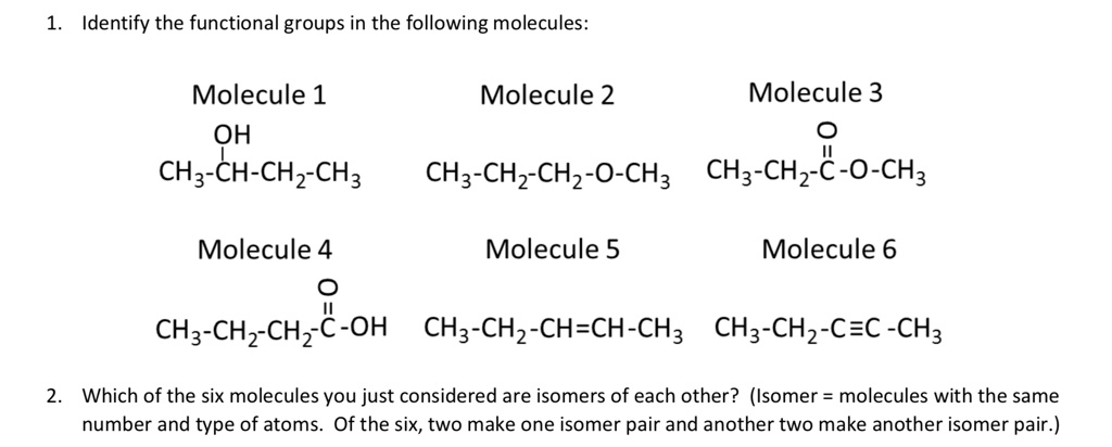 SOLVED: Identify the functional groups in the following molecules: Molecule 1 OH Molecule 2 ...