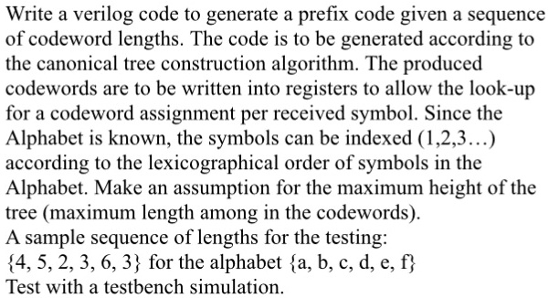 Solved Write A Verilog Code To Generate A Prefix Code Given A Sequence Of Codeword Lengths The