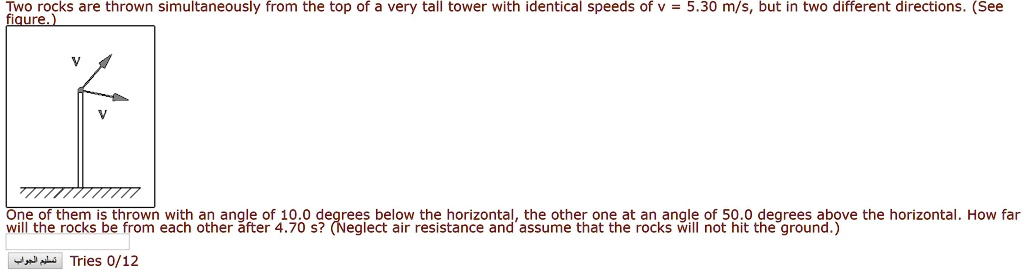 Two rocks are thrown simultaneously from the top of a very tall tower ...