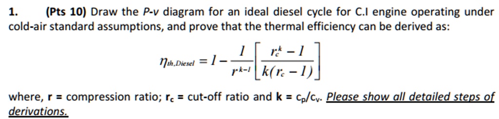 1. (Pts 10) Draw the P-v diagram for an ideal diesel cycle for C.I ...