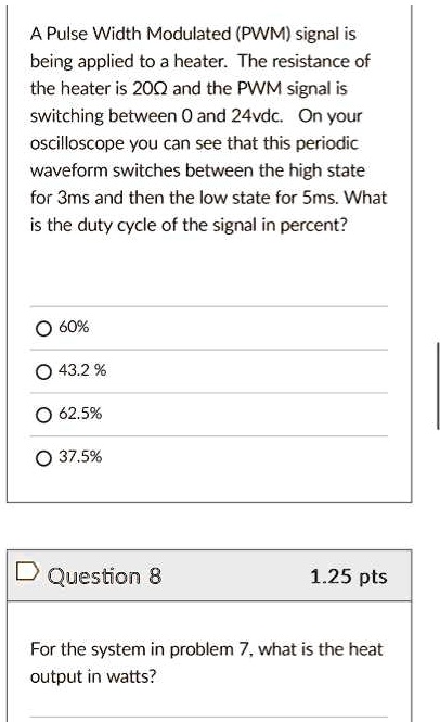 A Pulse Width Modulated (PWM) signal is being applied to a heater. The resistance of the heater ...