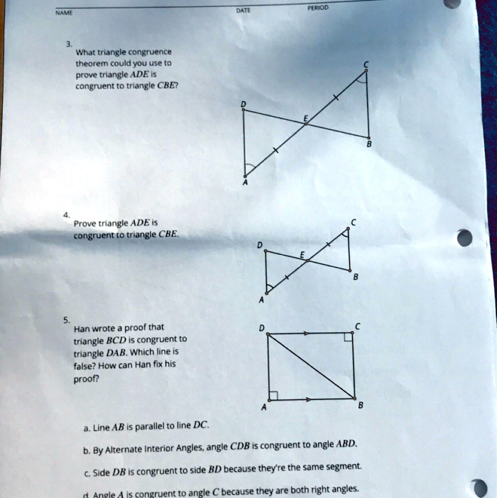 SOLVED: What triangle congruence theorem could you use to prove ...