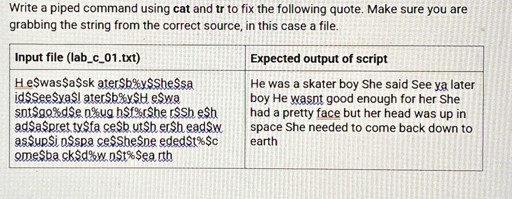 Write A Piped Command Using Cat And Tr To Fix The Following Quote Make Sure You Are Grabbing 