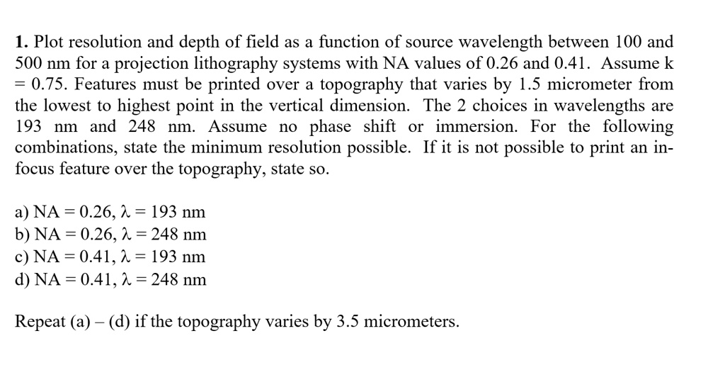 Plot resolution and depth of field as a function of source wavelength ...
