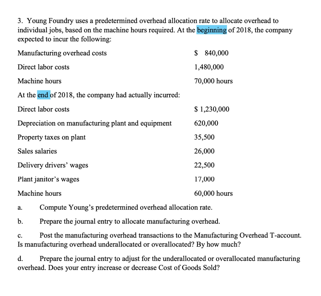 3. Young Foundry uses a predetermined overhead allocation rate to allocate overhead to ...