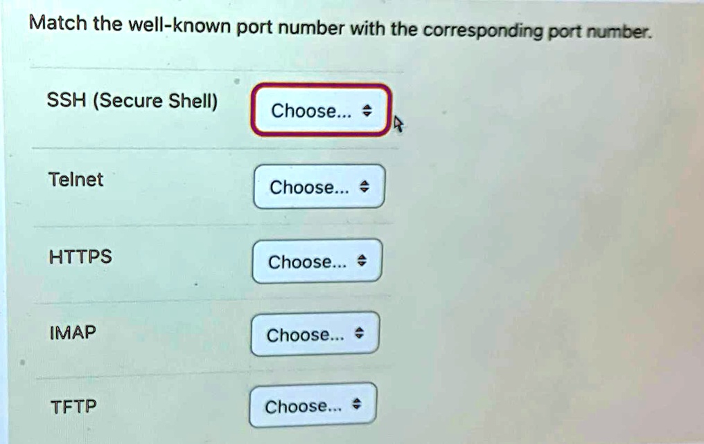 match the well known port number with the corresponding port number ssh secure shell 22 telnet ...