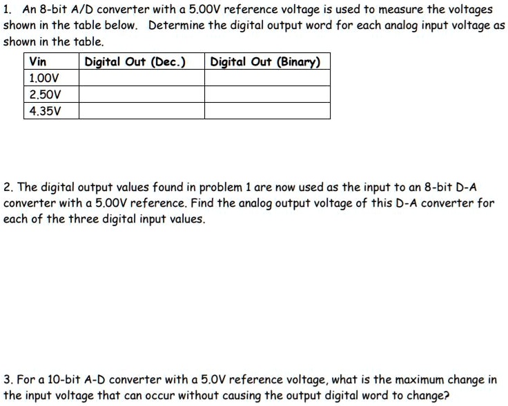 1. An 8-bit A/D converter with a 5.00V reference voltage is used to measure the voltages shown ...
