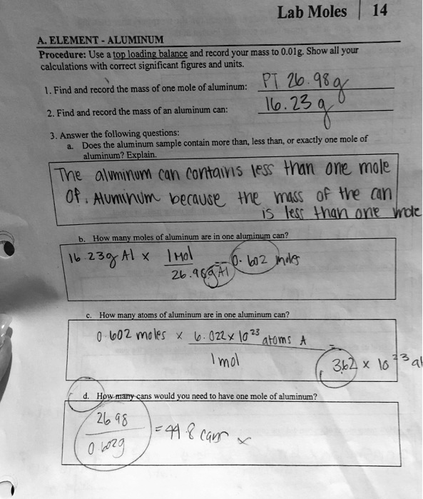 SOLVED: Lab Moles 14 A:ELEMENT - ALUMINUM Procedure: Use [oploading ...