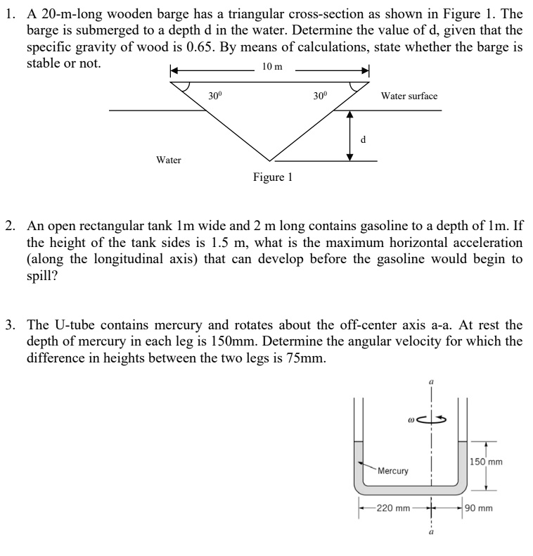 SOLVED: 1. A 20-m-long wooden barge has a triangular cross-section as ...