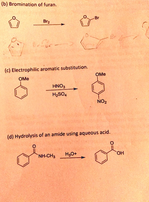 (b) Bromination of furan. Br2 (c) Electrophilic aromatic...