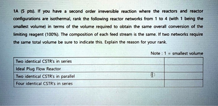 SOLVED: 1A (5 pts If you have a second order irreversible reaction where the reactors and ...