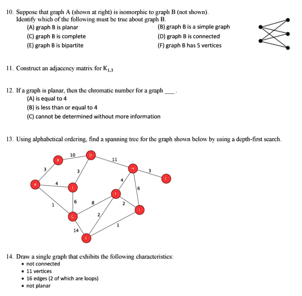 SOLVED: 10. Suppose that graph A (shown at right) is isomorphic to graph B (not shown). Identify ...